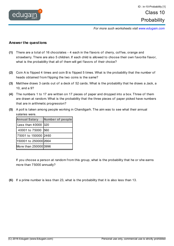Grade 10 Probability Math Practice Questions Tests Worksheets